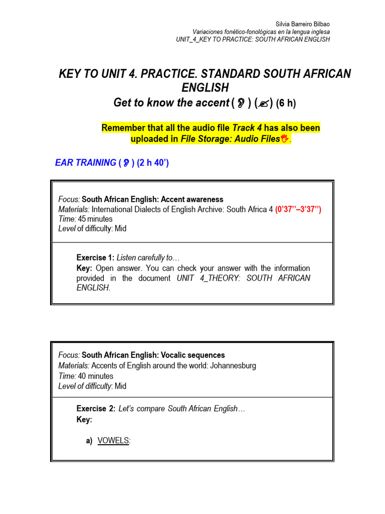 Unit 4 Key To Practice South African English | PDF
