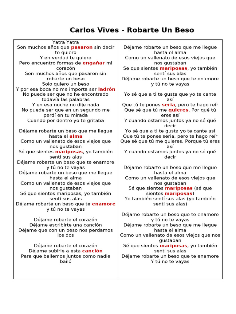 Carlos Vives - Robarte Un Beso (Letra) | PDF