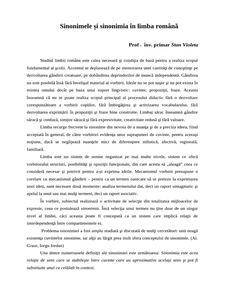Sinonimele Si Sinonimia Limbii Romane Referat Stan Violeta | PDF