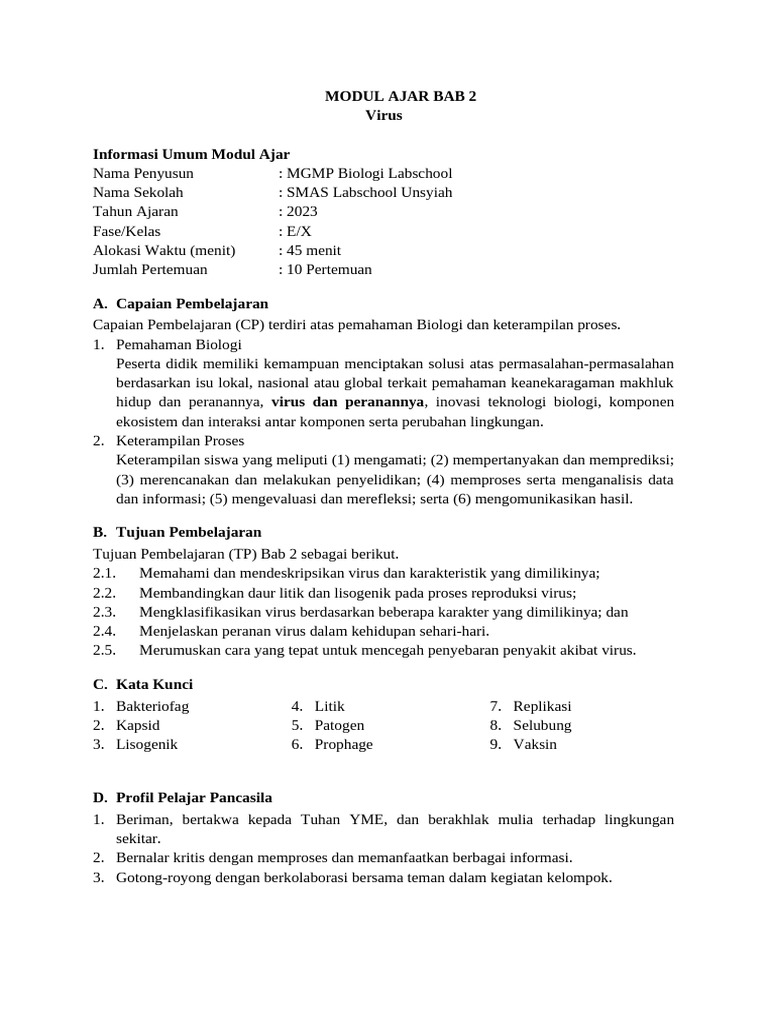Modul Ajar Virus | PDF