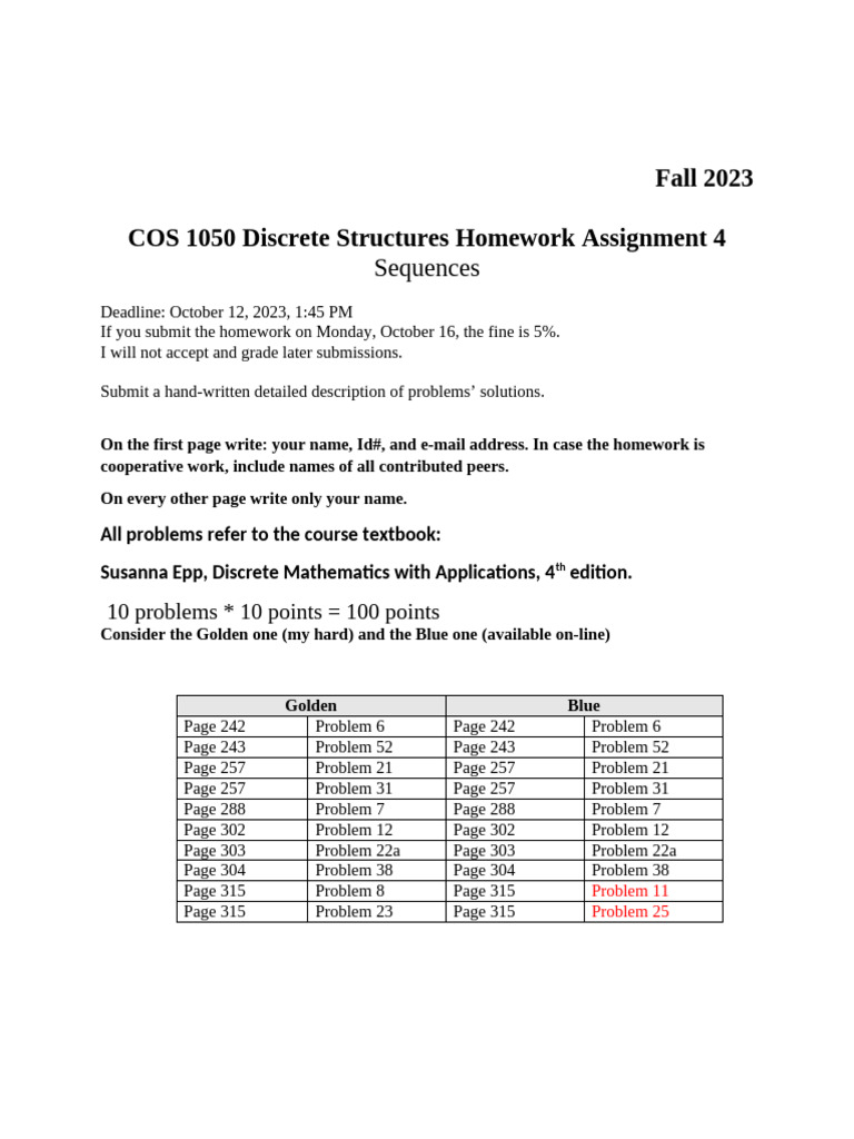 COS 1050 - HW4 - F2023 - Sequences | PDF