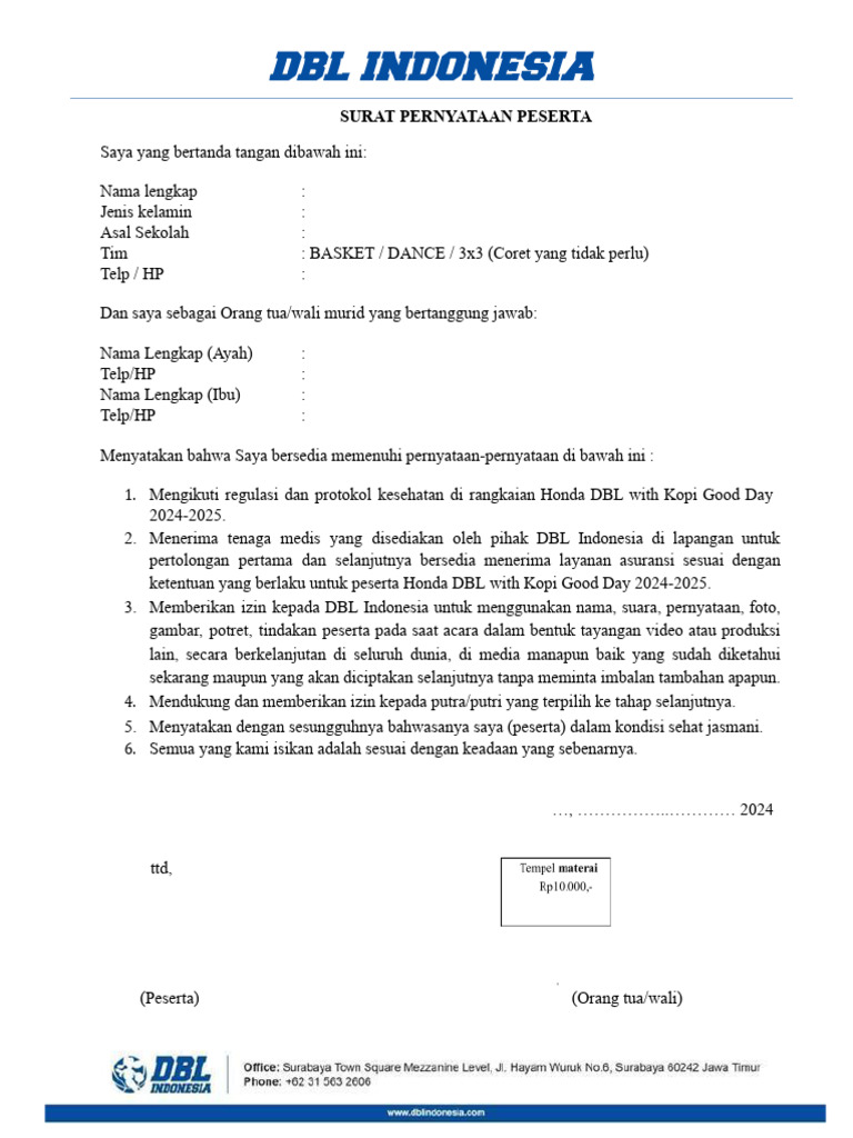 Surat Pernyataan Peserta Dbl 2024-2025 | PDF