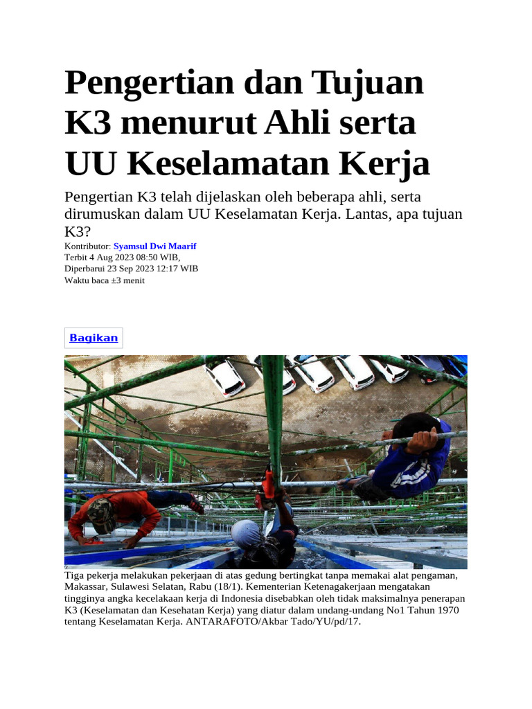 Pengertian Dan Tujuan K3 Menurut Ahli Serta UU Keselamatan Kerja | PDF