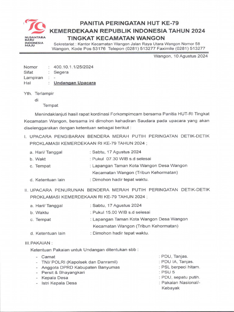 Undangan Upacara HUT RI Ke 79 Tahun 2024 (Para Kades) | PDF