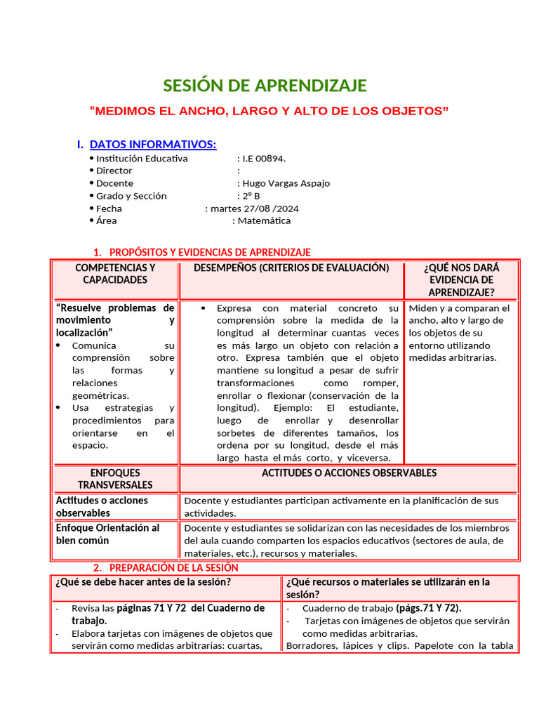 Sesion de Matematica Medimos El Ancho, Largo, Alto de Los Objetos | PDF