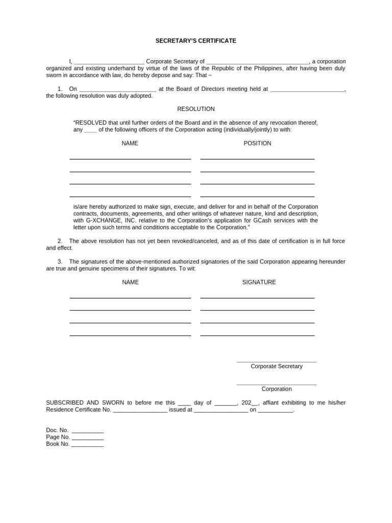 Secretary Certificate Template | PDF