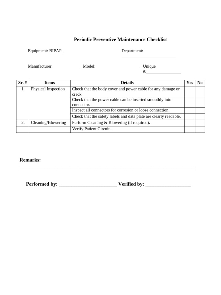 BIPAP PPM Checklist | PDF