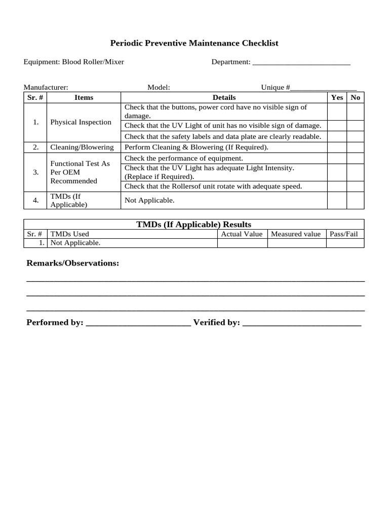 Blood Roller-Mixer Checklist AIH | PDF