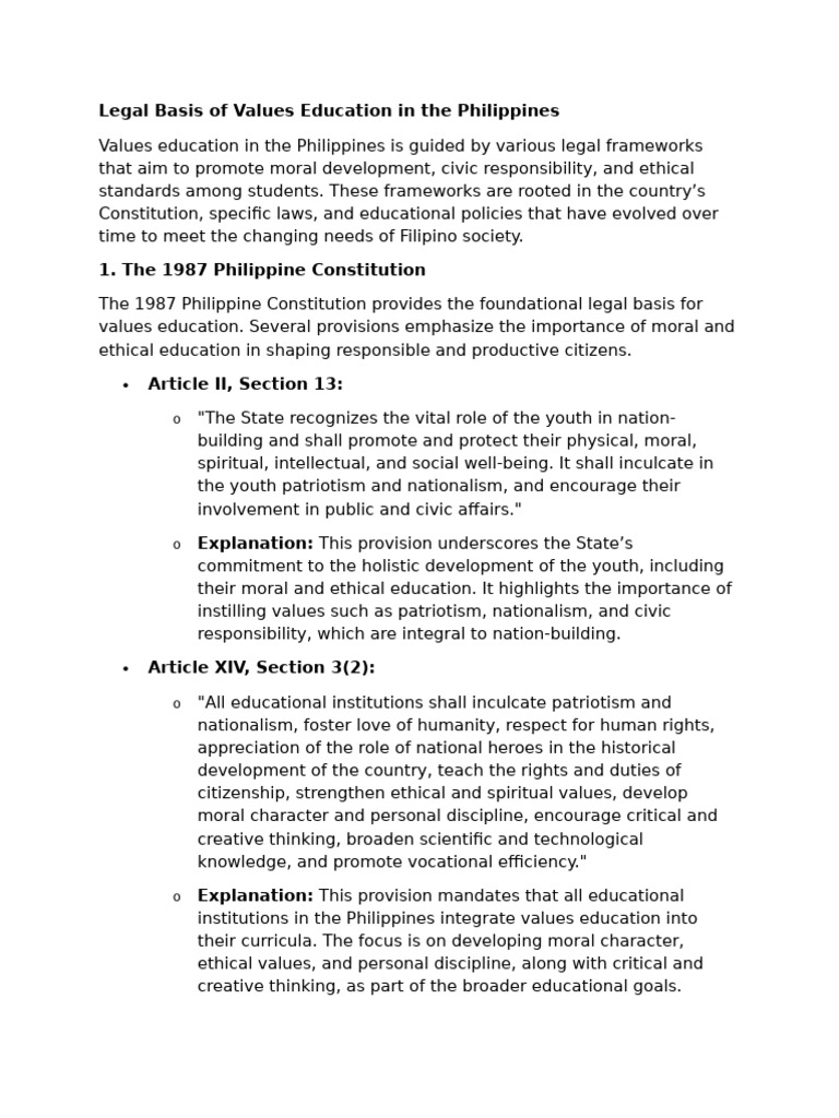 Legal Framework for Values Education in PH | PDF | Curriculum | Teachers