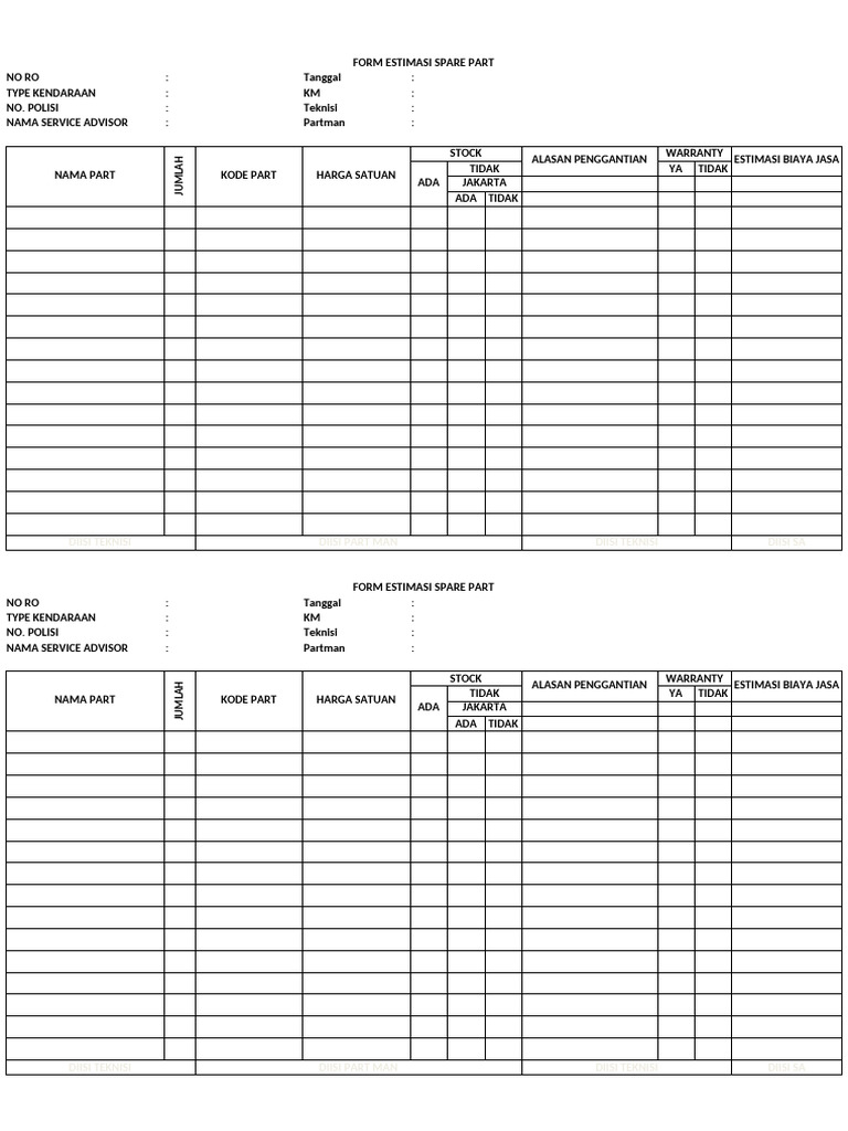 FORM ESTIMASI SPARE PART (No Price) | PDF