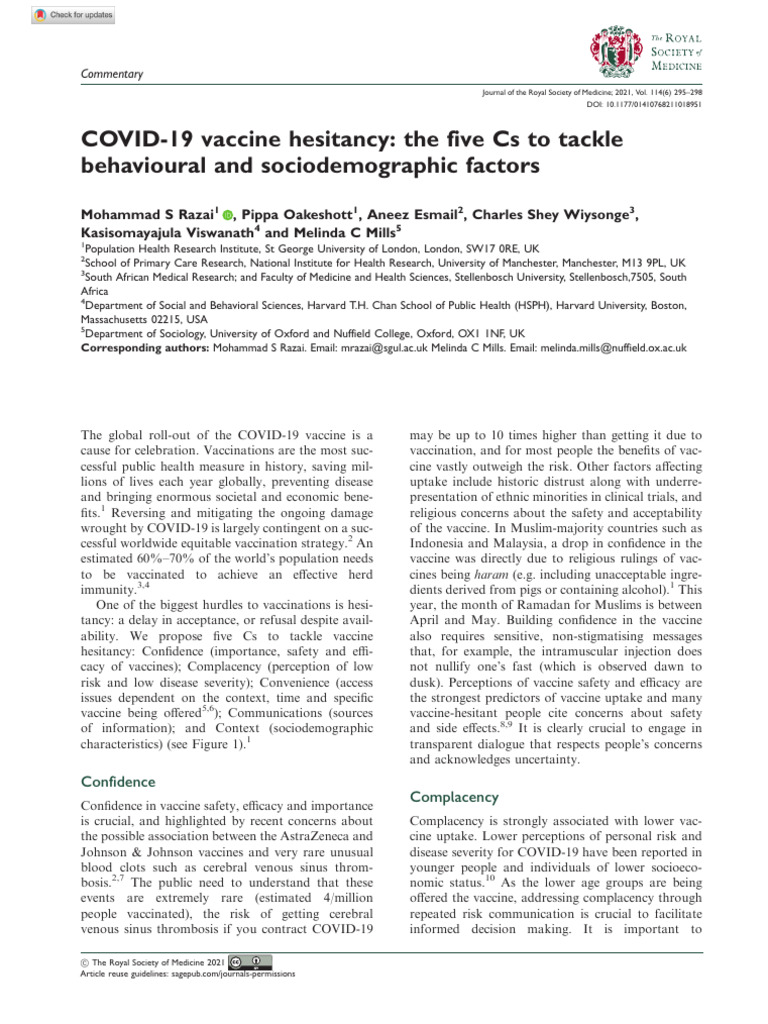 Razai Et Al 2021 Covid 19 Vaccine Hesitancy The Five Cs To Tackle Behavioural and ...
