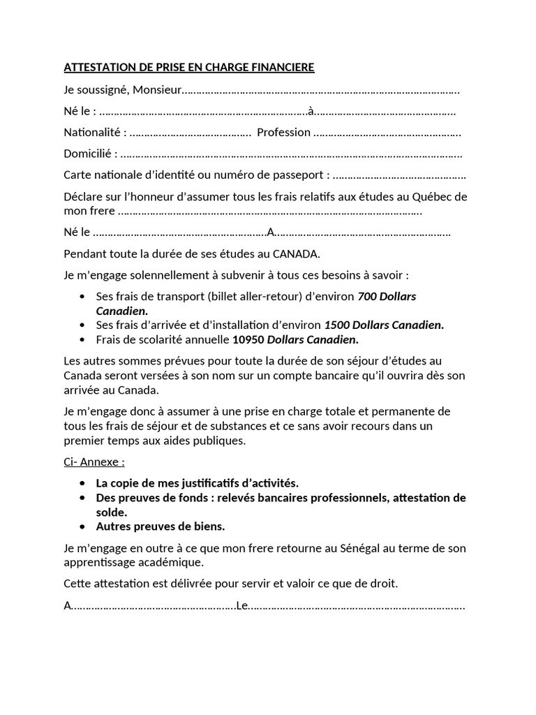 Attestation de Prise en Charge Financieere | PDF