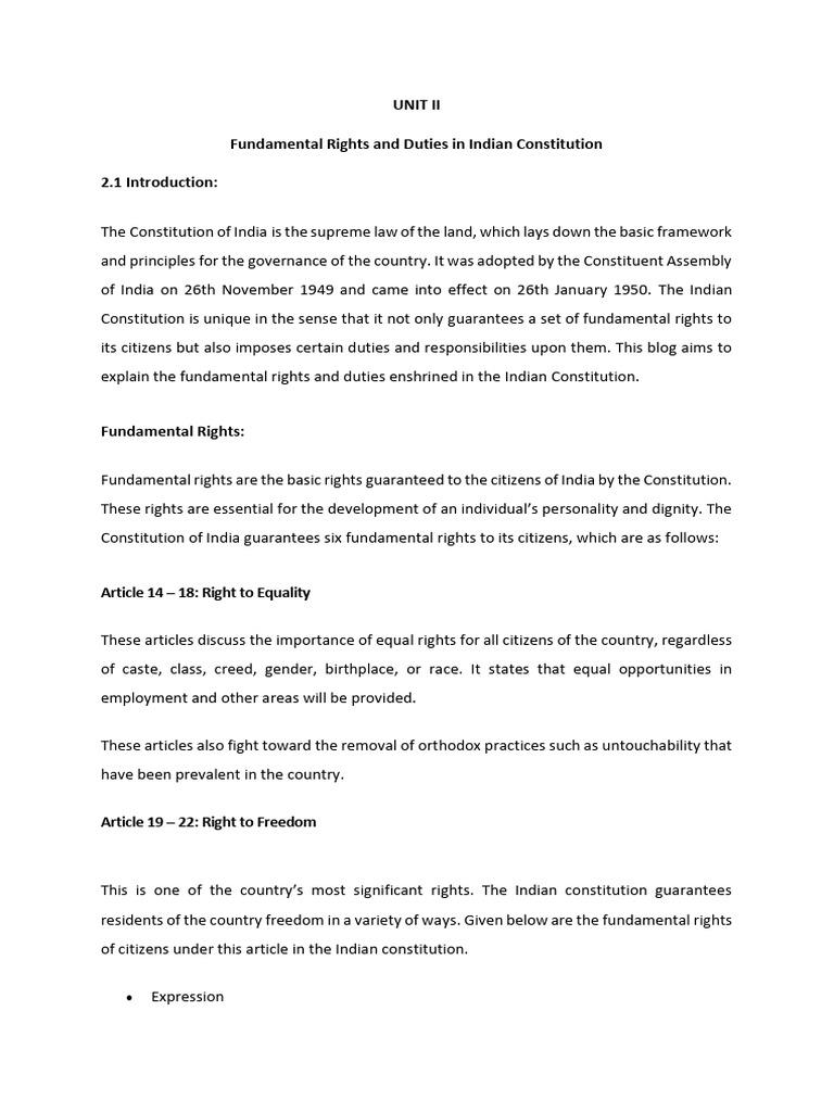 UNIT II Fundamental Rights and Duties in Indian Constitution | PDF ...