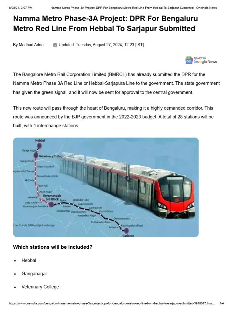 Namma Metro Phase-3A Project | PDF | Land Transport | Science & Mathematics