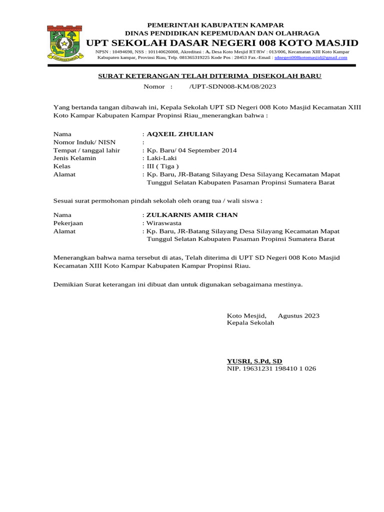 Surat Keterangan Diterima Di Sekolah | PDF