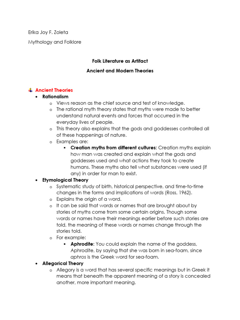 Ancient and Modern Theories in Mythology - Zoleta, Erika Joy F | PDF | Oedipus Complex | Greek ...