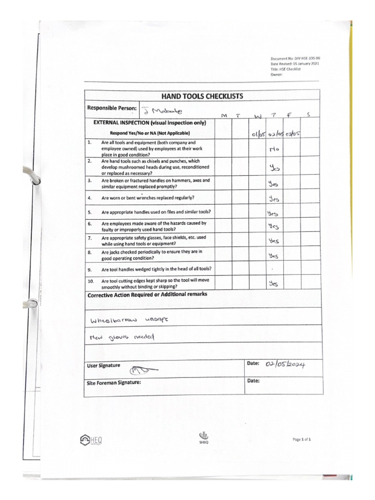 Hand Tools Checklist | PDF