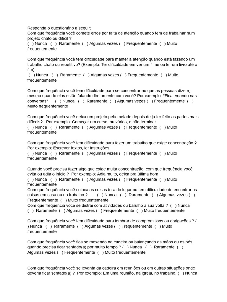 QUESTIONÁRIO TDAH | PDF