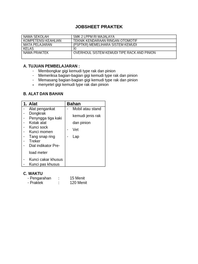 Job Sheet Sistem Kemudi 2020 Xi | PDF