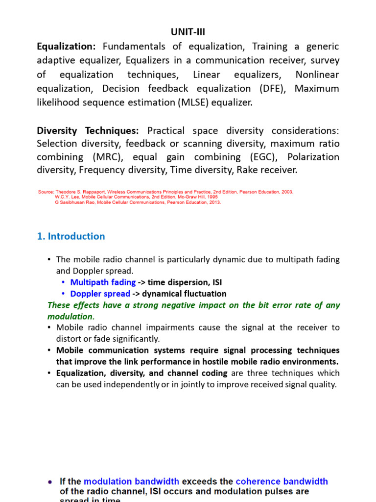 Unit-3: Equalization and Diversity Techniques | PDF | Antenna (Radio) | Teaching Methods & Materials