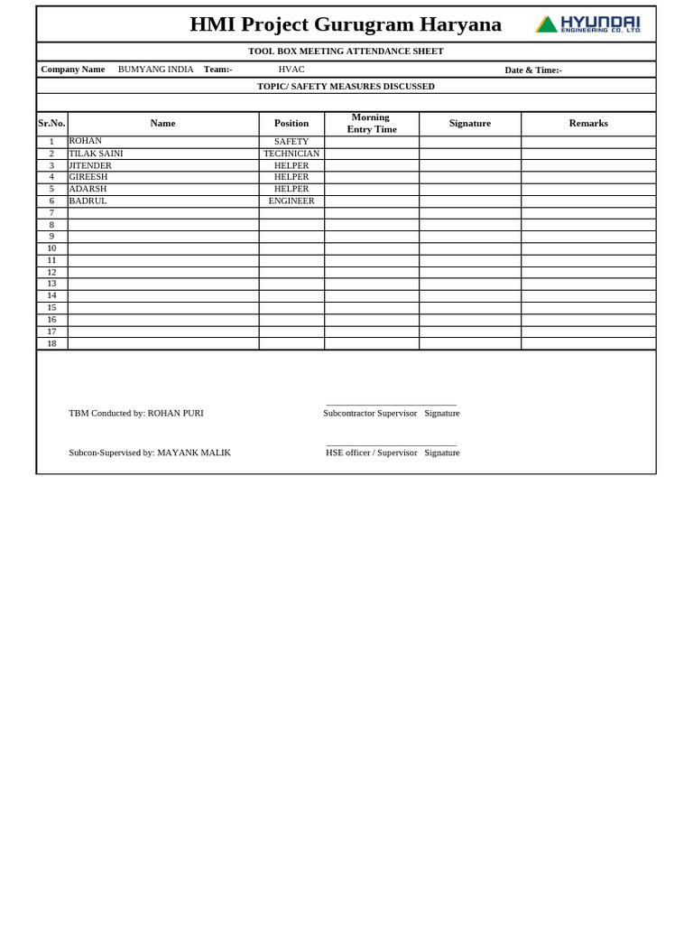 TBM Attendance Form | PDF