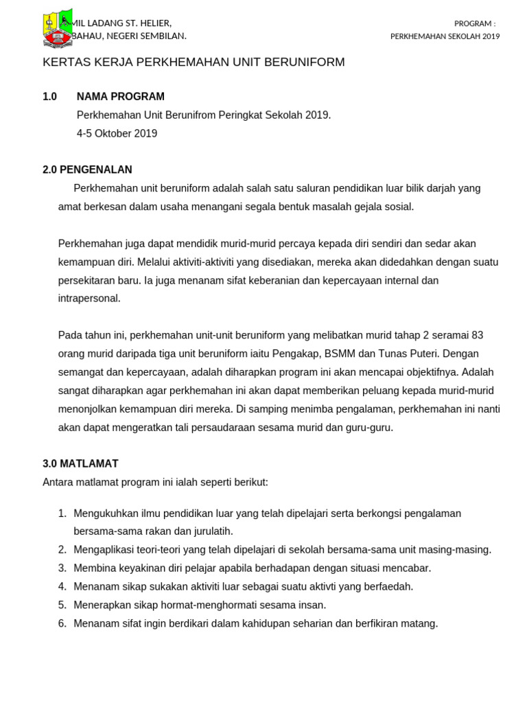 Kertas Kerja Perkhemahan Unit Beruniform | PDF
