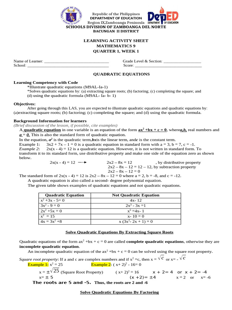 Mathematics 9 LAS Q1 WEEK 1 | PDF | Quadratic Equation | Factorization