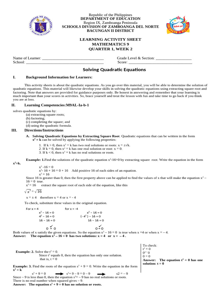 Mathematics 9 LAS Q1 WEEK 2 | PDF | Quadratic Equation | Teaching ...