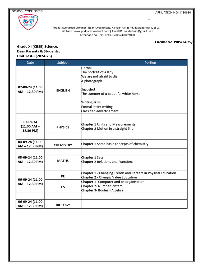 Grade Xi Cbse Sci. Ut-I Date Sheet 2024-25 (Fiitjee) | PDF