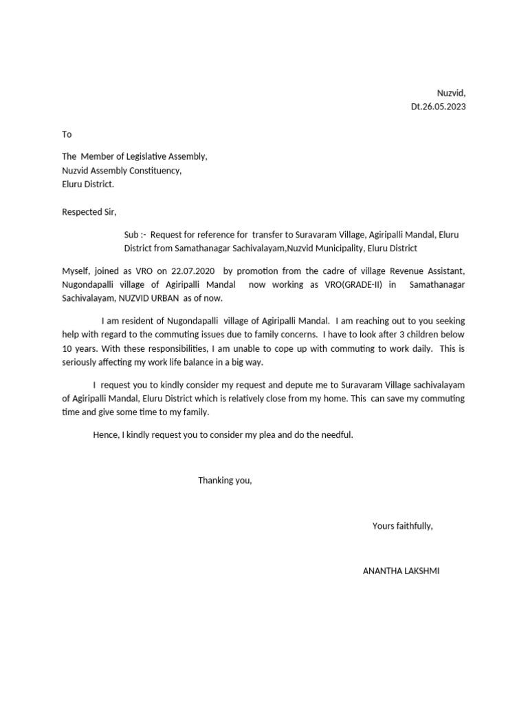 Anantha Lakshmi Madam MLA Letter | PDF