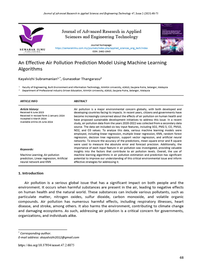 An Effective Air Pollution Prediction Model Using Machine Learning 