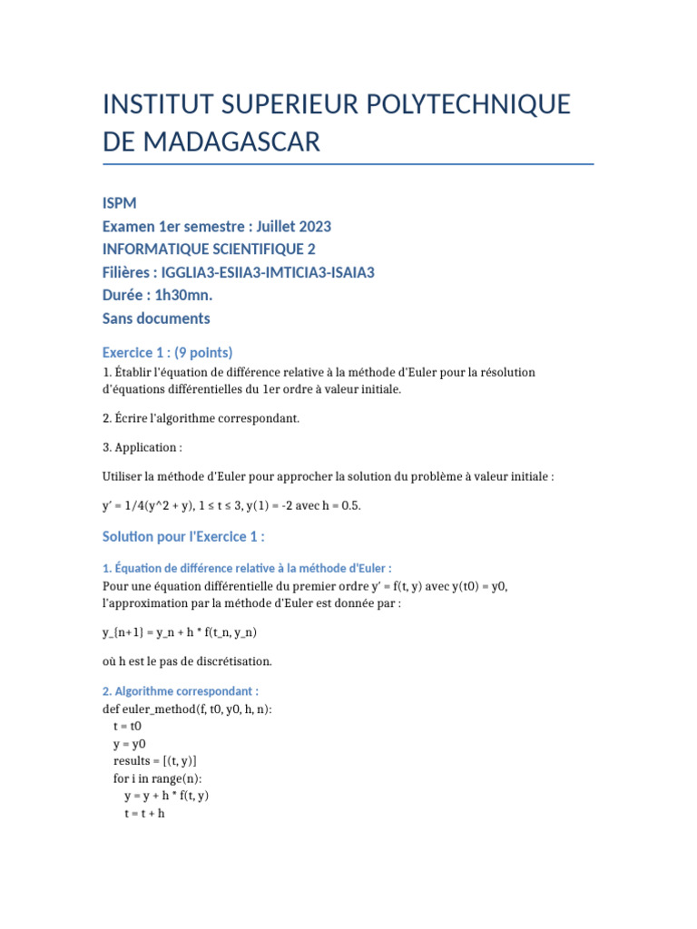 Examen Informatique Scientifique 1 | PDF