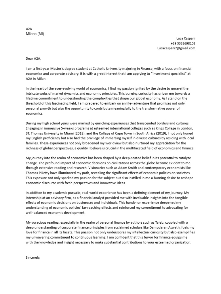 Cover Letter - A2A | PDF