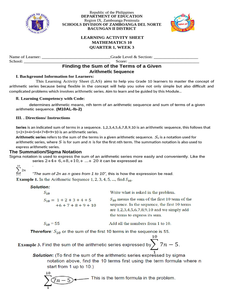 Mathematics 10 LAS Q1 WEEK 3 | PDF | Summation | Teaching Methods ...