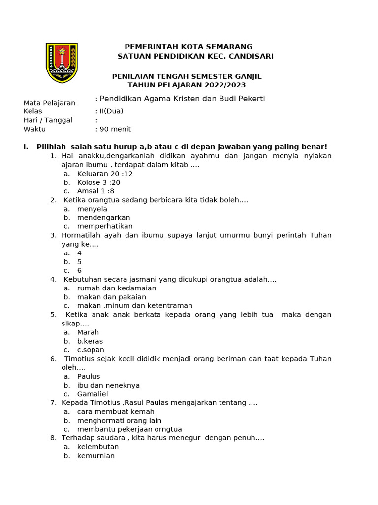 Soal PTS Semester Ganjil Kelas 2 | PDF