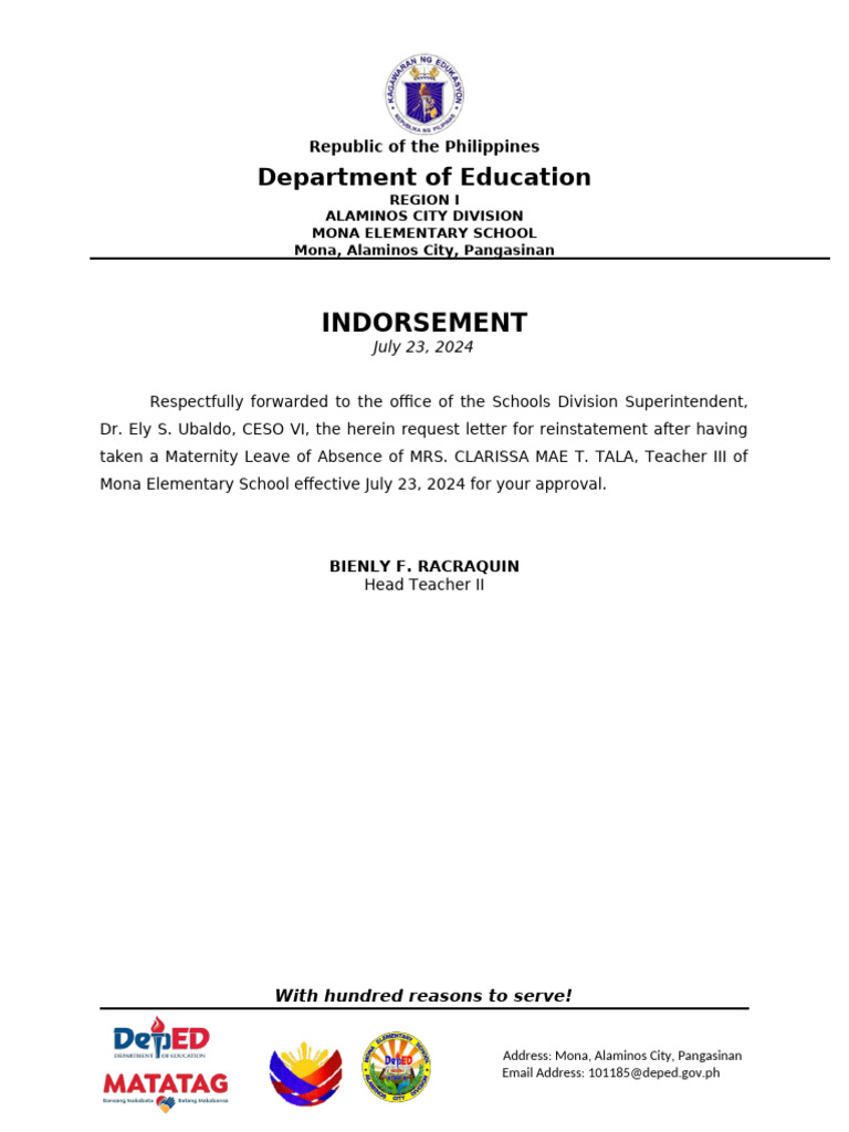 INDORSEMENT Letter For Reinstatement | PDF