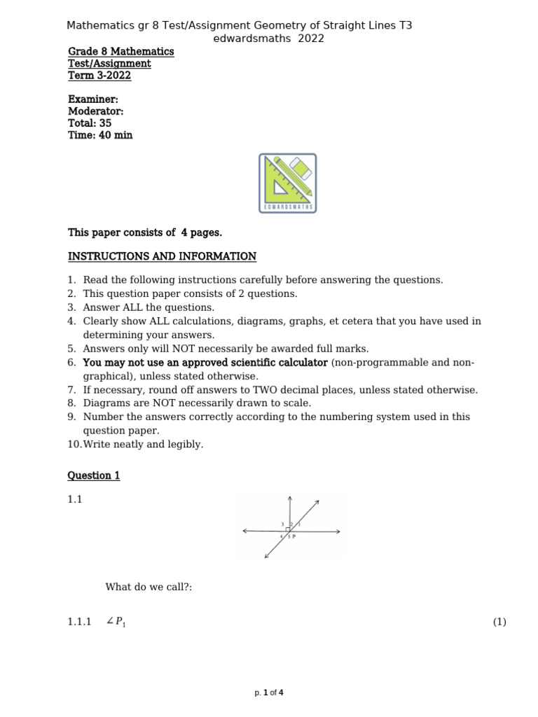 GR 8 Edwardsmaths Test or Assignment Geometry of Straight Lines T3 2022 ...