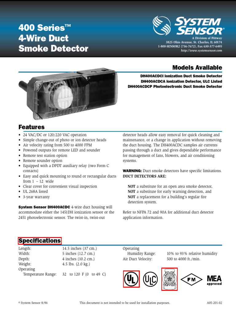 400 Series 4-Wire Duct Smoke Detector: Models Available | PDF
