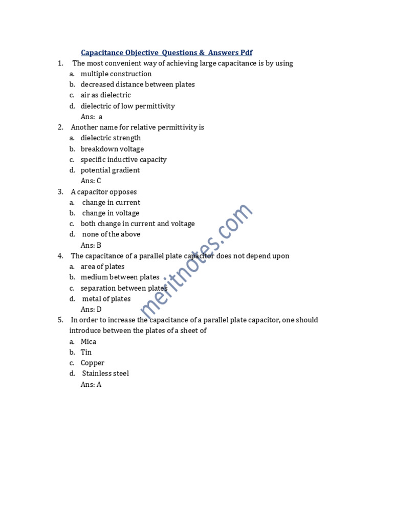 Capacitance Objective Questions | PDF