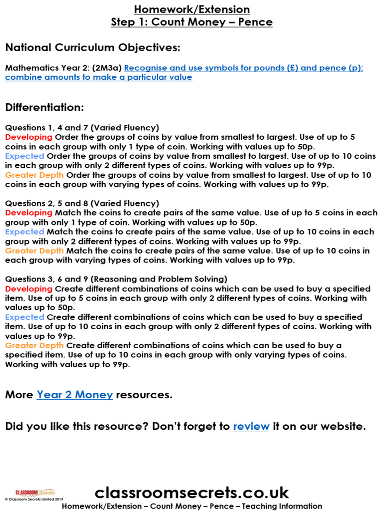 Year 2 Autumn Block 3 Step 1 Hw Ext Count Money Pence Pdf