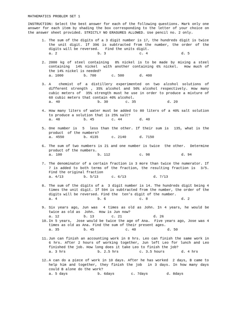Mathematics Problem Set 1 | PDF | Mean | Teaching Methods & Materials