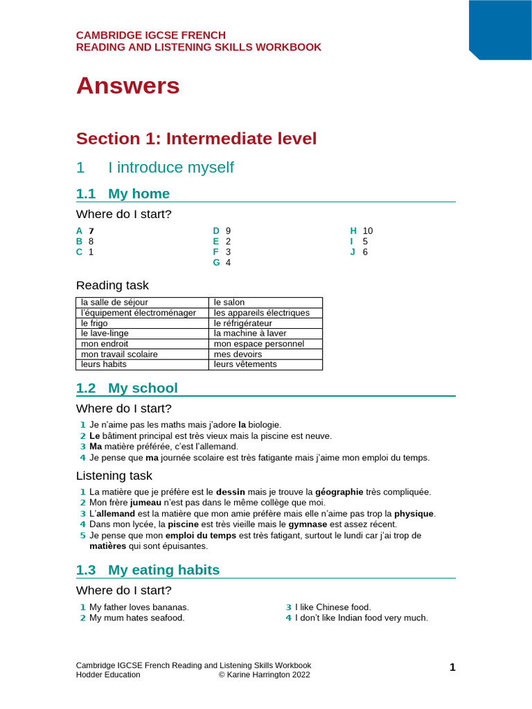 Cam Igcse French Read Listen WB Answers | PDF