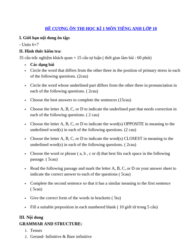 ĐỀ CƯƠNG ANH 10 GIỮA HKII | PDF