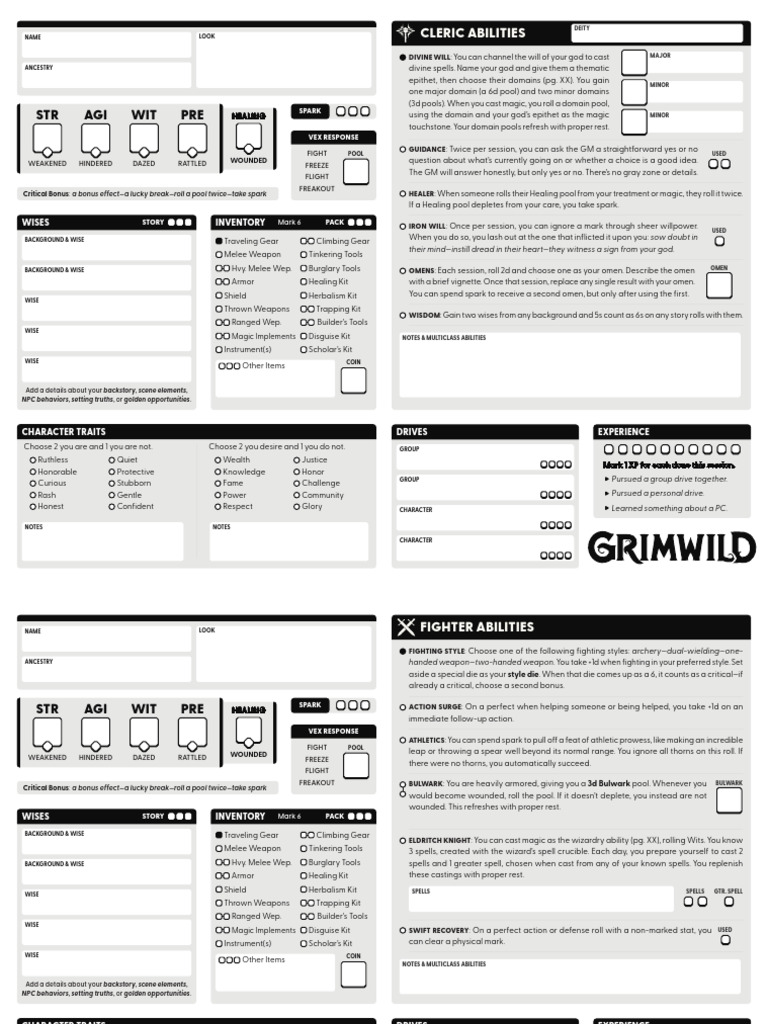 Grimwild Quickstart v0.3.1 - Sheets | PDF