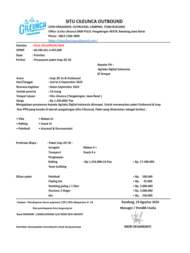 Penawaran Situ Cileunca Outbound | PDF