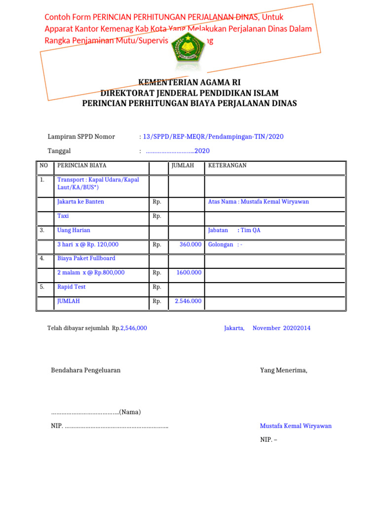 Form Perhitungan Perjadin | PDF