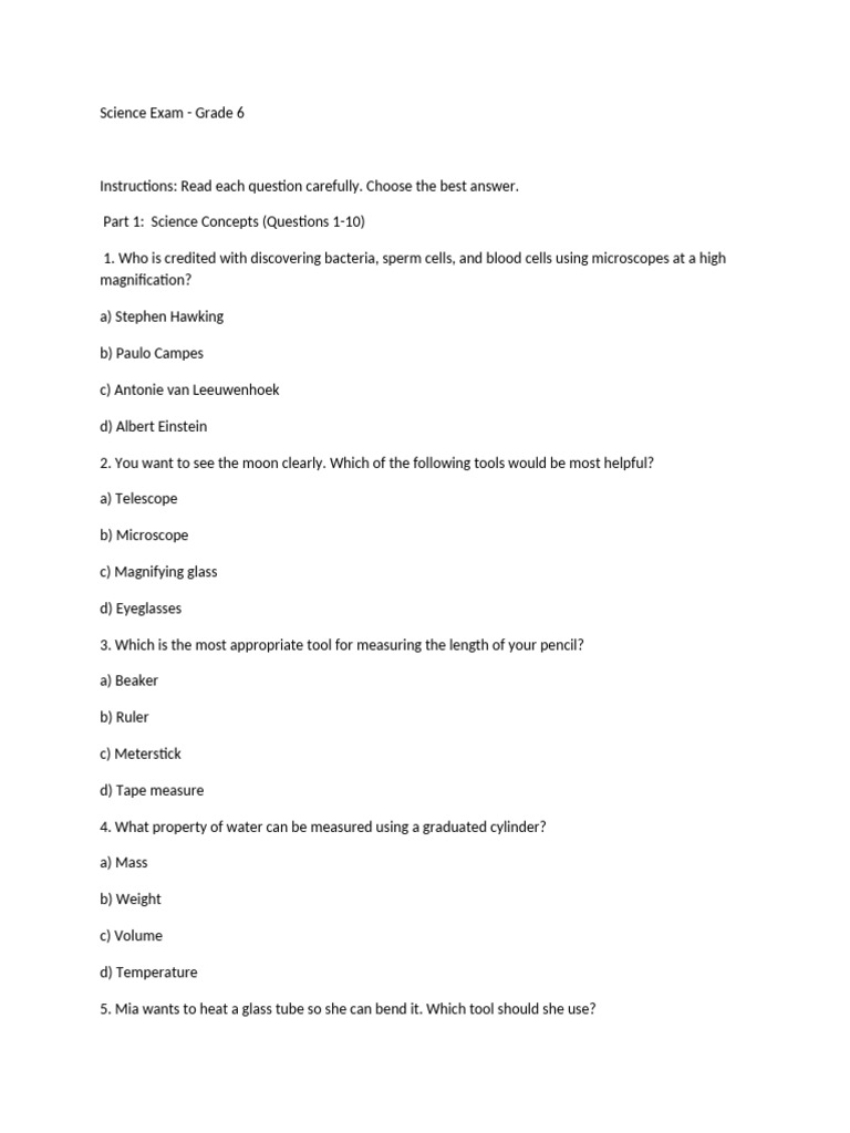 Science Exam - G6 | PDF | Experiment | Science & Mathematics