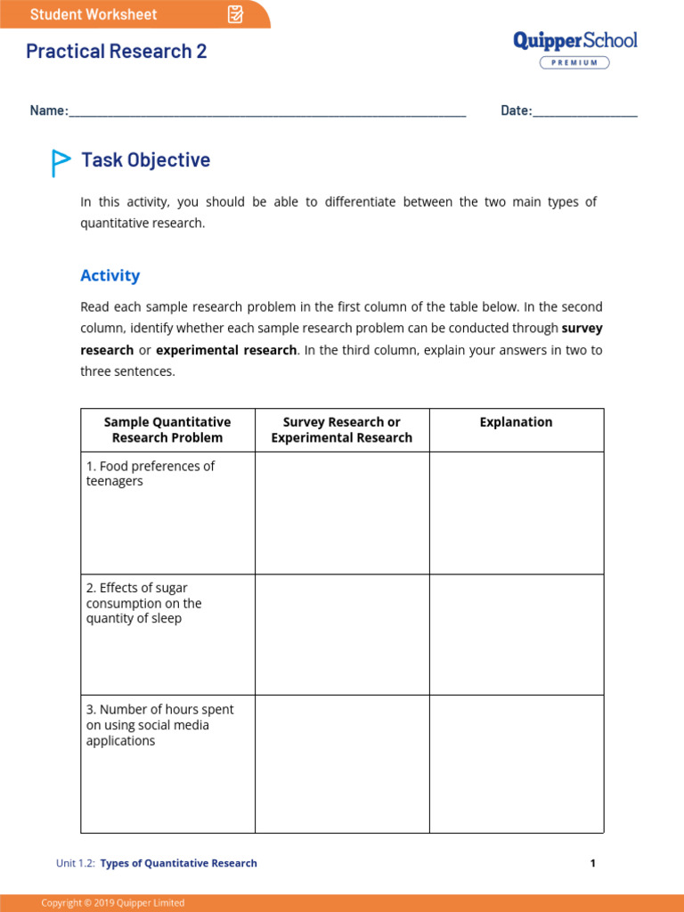 UNIT 1 - LESSON 2 - Types of Quantitative Research Worksheet | PDF
