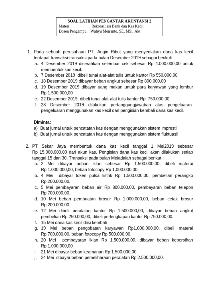PA2-3 Rekonsiliasi Bank Dan Kas Kecil (Soal Latihan) | PDF