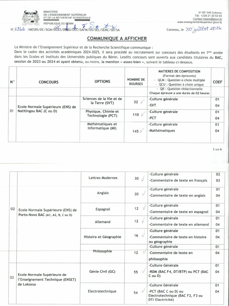 1366 Communiqué À Afficher Concours ENS Et ENSET 2024 | PDF
